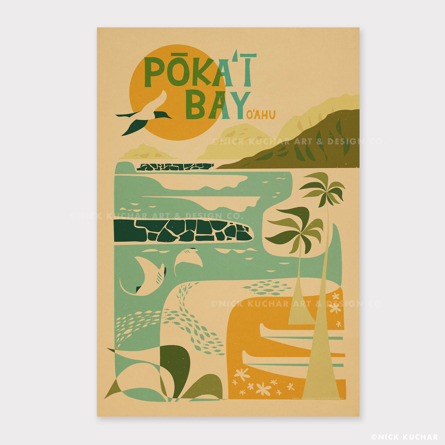 Pokai Bay Manta Ray & Canoe Oahu 12x18 Hawaii Travel Print